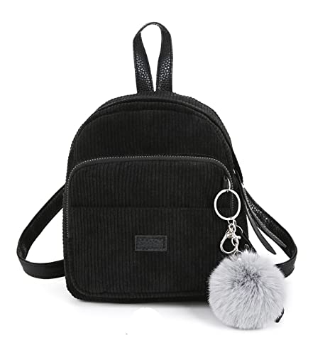 Cute Mini Backpack 3 Way Carry Light-weight Corduroy Casual Daypack Detachable Keyring Fur Pom Pom Ball for Women (black)