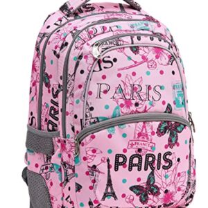 NEW TILAMI Kids Travel School Backpack for Girls,Elementary School Bags for Primary Middle Waterproof Laptop Backpacks for Kids School Bags 16inch 300D High Density Oxford Pink Paris