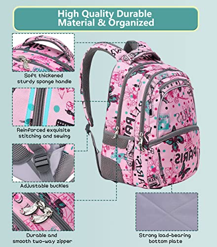 NEW TILAMI Kids Travel School Backpack for Girls,Elementary School Bags for Primary Middle Waterproof Laptop Backpacks for Kids School Bags 16inch 300D High Density Oxford Pink Paris