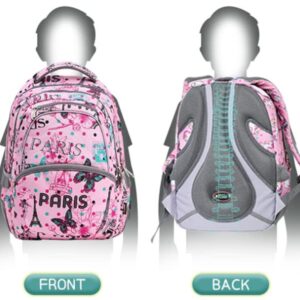 NEW TILAMI Kids Travel School Backpack for Girls,Elementary School Bags for Primary Middle Waterproof Laptop Backpacks for Kids School Bags 16inch 300D High Density Oxford Pink Paris