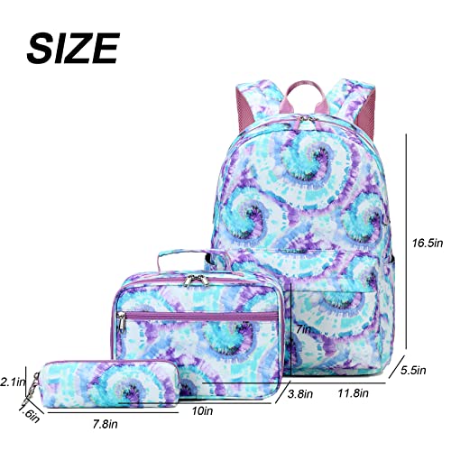 ZHIERNA School Backpack 3PCs Set With Lunch Bag, Tie Dye Bookbags with Pen Case For Teen Girls Kindergarten Elementary(Green)