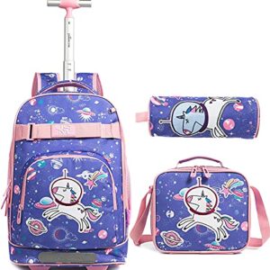 Kids Rolling Backpack for Girls, 18 Inch Wheeled Trolley School Backpack with Lunch Bag Pencil Case, 3 IN 1 Bookbag Set School Kids Trolley Travel Trip Luggage (Purple)