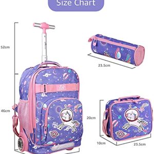 Kids Rolling Backpack for Girls, 18 Inch Wheeled Trolley School Backpack with Lunch Bag Pencil Case, 3 IN 1 Bookbag Set School Kids Trolley Travel Trip Luggage (Purple)