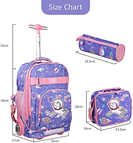 Kids Rolling Backpack for Girls, 18 Inch Wheeled Trolley School Backpack with Lunch Bag Pencil Case, 3 IN 1 Bookbag Set School Kids Trolley Travel Trip Luggage (Purple)