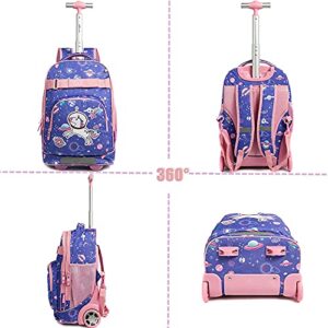 Kids Rolling Backpack for Girls, 18 Inch Wheeled Trolley School Backpack with Lunch Bag Pencil Case, 3 IN 1 Bookbag Set School Kids Trolley Travel Trip Luggage (Purple)