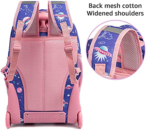 Kids Rolling Backpack for Girls, 18 Inch Wheeled Trolley School Backpack with Lunch Bag Pencil Case, 3 IN 1 Bookbag Set School Kids Trolley Travel Trip Luggage (Purple)