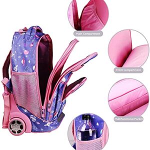 Kids Rolling Backpack for Girls, 18 Inch Wheeled Trolley School Backpack with Lunch Bag Pencil Case, 3 IN 1 Bookbag Set School Kids Trolley Travel Trip Luggage (Purple)