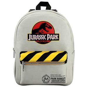 jurassic park dinosaur movie logo caution tape grey mini backpack