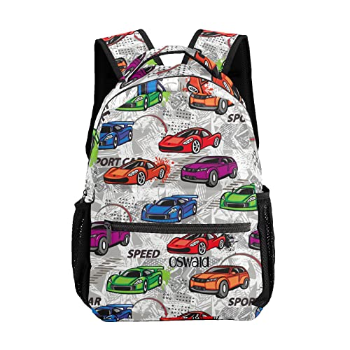 Custom Kid Backpack, Grunge Sport Race Cars Grey Personalized School Bookbag with Your Own Name, Customization Casual Bookbags for Student Girls Boys