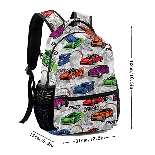 Custom Kid Backpack, Grunge Sport Race Cars Grey Personalized School Bookbag with Your Own Name, Customization Casual Bookbags for Student Girls Boys