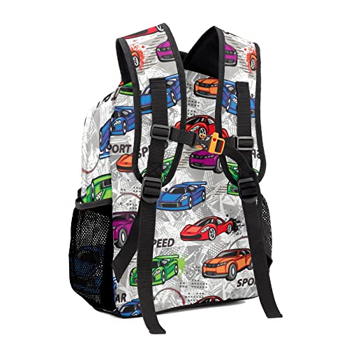 Custom Kid Backpack, Grunge Sport Race Cars Grey Personalized School Bookbag with Your Own Name, Customization Casual Bookbags for Student Girls Boys