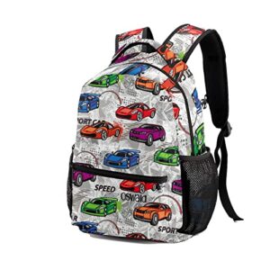 Custom Kid Backpack, Grunge Sport Race Cars Grey Personalized School Bookbag with Your Own Name, Customization Casual Bookbags for Student Girls Boys