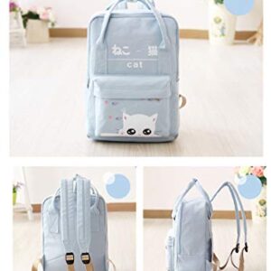 Women Girls Japanese And Korean Style Bags Cute Cat Canvas School Backpack (Blue)