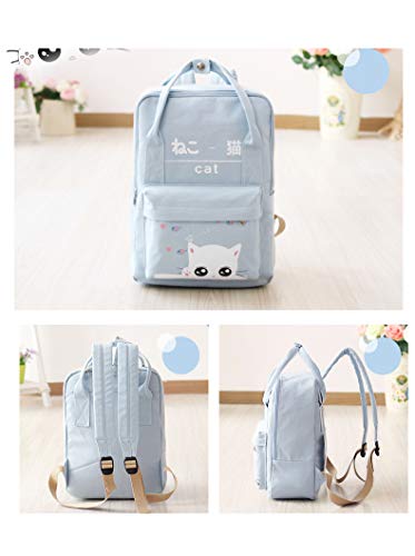 Women Girls Japanese And Korean Style Bags Cute Cat Canvas School Backpack (Blue)