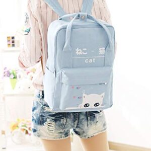 Women Girls Japanese And Korean Style Bags Cute Cat Canvas School Backpack (Blue)