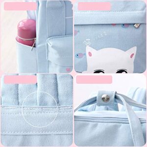 Women Girls Japanese And Korean Style Bags Cute Cat Canvas School Backpack (Blue)