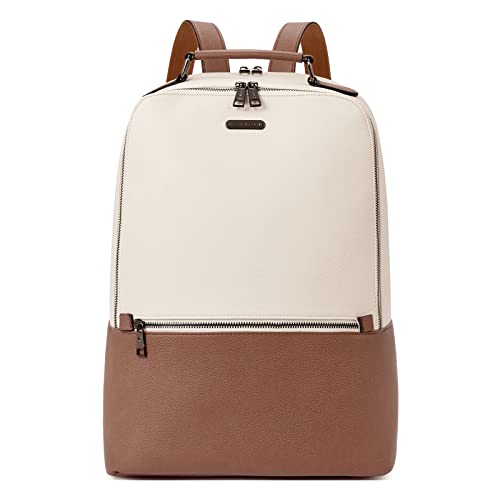 CLUCI Women Leather Laptop Backpack Purse 15.6 inch Computer Backpack Business Casual Travel Daypack College Bag Off-white with brown