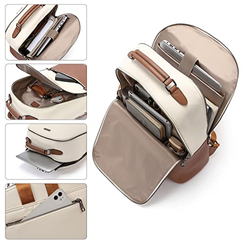 CLUCI Women Leather Laptop Backpack Purse 15.6 inch Computer Backpack Business Casual Travel Daypack College Bag Off-white with brown