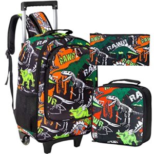 3pcs kids rolling backpack for boys, dinosaur roller wheeled bookbag toddler elementary school bag with wheels