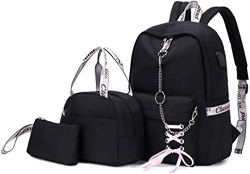 Hey Yoo School Backpack for Girls Women Children Kids Backpack School Bag Bookbag Set with Lunch Bag for Teen Girl (Black)