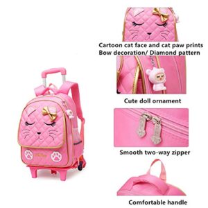 Girls Rolling Backpack Trolley School Bags Cat Face Print Travel Wheeled Carry-on Kids' Luggage