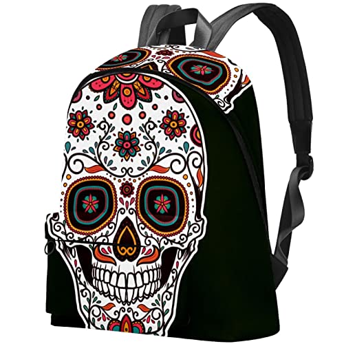 Large Canvas Backpack Ornate Sugar Skull-01 College School Men & Women