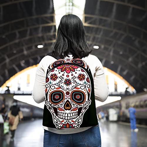 Large Canvas Backpack Ornate Sugar Skull-01 College School Men & Women