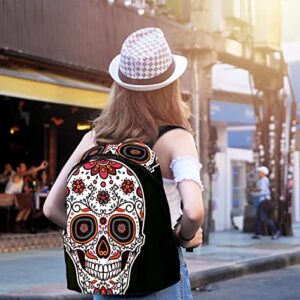 Large Canvas Backpack Ornate Sugar Skull-01 College School Men & Women