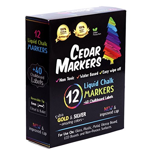 Cedar Markers Liquid Chalk Markers - 12 Pack With 40 Chalkboard Labels - Bold Neon Color Pens Including Gold And Silver Paint. Dry Erase Markers for Windows, Glass, Chalkboard with Reversible Tip.