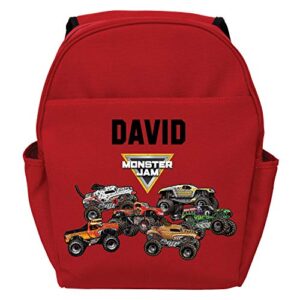 monster jam freestyle personalized backpack with custom name printed on red book bag | zippered compartments and side water bottle pockets | toddler size school bag