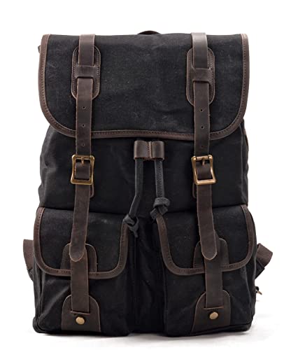 WUDON Canvas Leather Backpack for Men - Vintage Canvas Shoulder Rucksack for School Flight Hiking