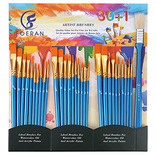 Foeran Paint Brushes Set,30 Pcs Round Pointed Tip Paintbrushes Nylon Hair Artist Acrylic Paint Brushes for Acrylic Oil Watercolor,Face Nail Art,Miniature Detailing and Rock Painting