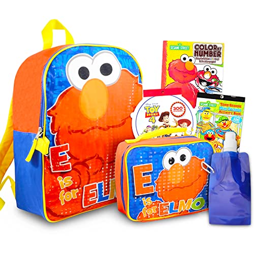 Sesame Street Kids Elmo Backpack With Lunch Box ~ 6 Pc Bundle With 16 Elmo School Bag For Boys, Girls, Kids, Elmo Lunch Box, Cars Water Pouch, And More (Elmo School Supplies)