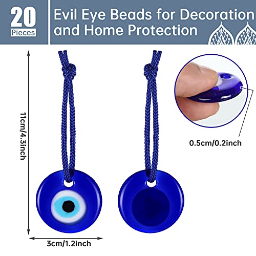 20 Pieces Turkish Blue Evil Eye Beads Charms Pendants Crafting Glass Beads Wall Hanging Ornament with Ropes for Jewelry Accessories Home Craft Decoration (Round)