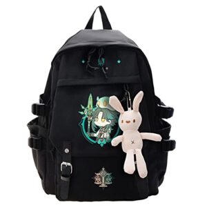 genshin impact xiao backpacks bookbag bag daypack for teens adult large capacity travel bag 18″ with cute doll of bunny