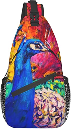 Sling Bag Oil Painting Colorful Peacock Hiking Daypack Crossbody Shoulder Backpack Travel Chest Pack for Men Women