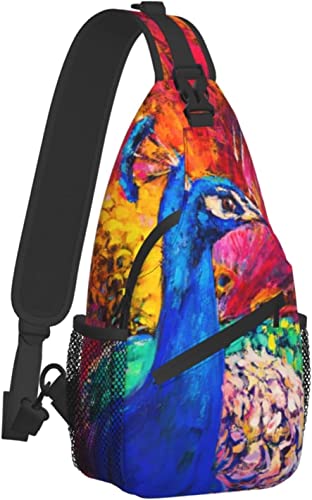 Sling Bag Oil Painting Colorful Peacock Hiking Daypack Crossbody Shoulder Backpack Travel Chest Pack for Men Women