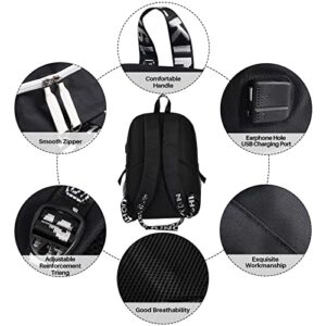 Laptop Bag USB Charging Middle School AV Club College Travel Bookbag 11.8x17.3 inches Backpack Daypack (Black+White)