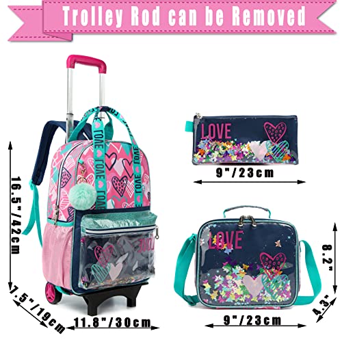 Rolling Backpack for Gilrs School Wheels Backpacks with Lunch Box for Elementary Student Teen Girls Trip Luggage