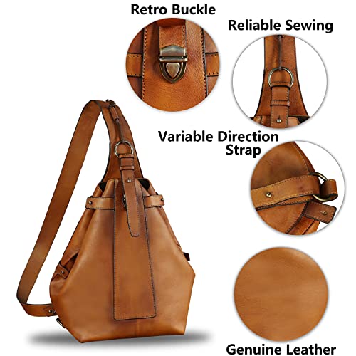 Genuine Leather Sling Bags Hiking Sling Backpacks Vintage Handmade Crossbody Chest Daypack Anti-theft Shoulder Bag Satchel (Brown)