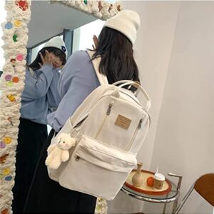 AONUOWE Preppy Backpack with Plushies Cute Backpack for Teen Girls Light Academia Bookbags Solid Aesthetic School Bag (White)