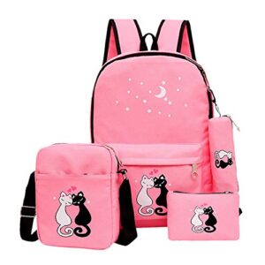 4pcs cute cat prints canvas primary school bag rucksack backpack set for girls elementary bookbag