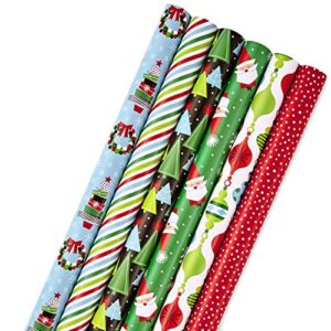 hallmark christmas wrapping paper bundle with cut lines on reverse (pack of 6; 180 sq. ft. ttl.) modern santa, trees on black, stripes, ornaments