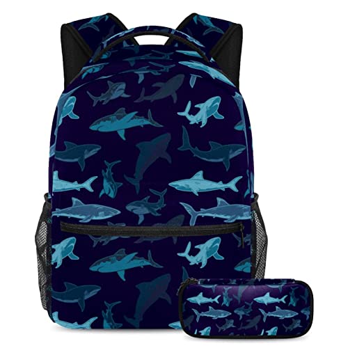 Sharks Sea Ocean School Backpack Bags Set Bookbags Teen Girls Boys Daypack with Pencil Case for Elementary Preschool