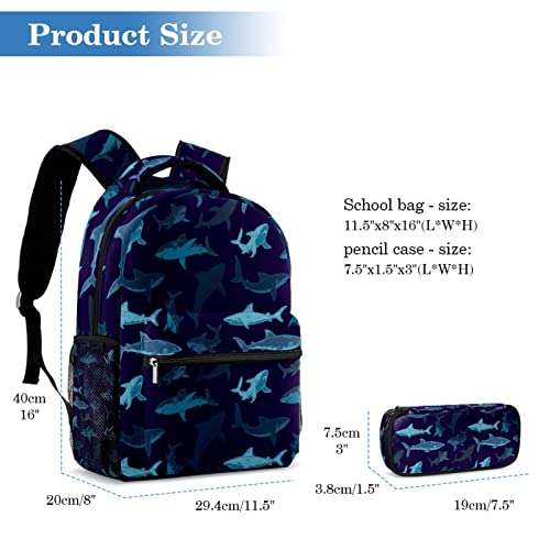 Sharks Sea Ocean School Backpack Bags Set Bookbags Teen Girls Boys Daypack with Pencil Case for Elementary Preschool