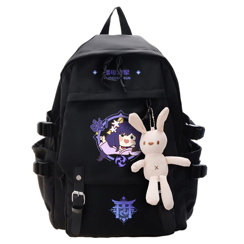 Genshin Impact Raiden Shogun Baal Backpacks Bookbag Black School Bag Daypack Travel Bag of 18" With Cute Doll of Bunny