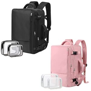 extra large travel backpack (2 pieces black & pink) as person item flight approved, 40l carry on backpack, 17 inch laptop backpack, waterproof backpack, durable college school bookbag, hiking backpack