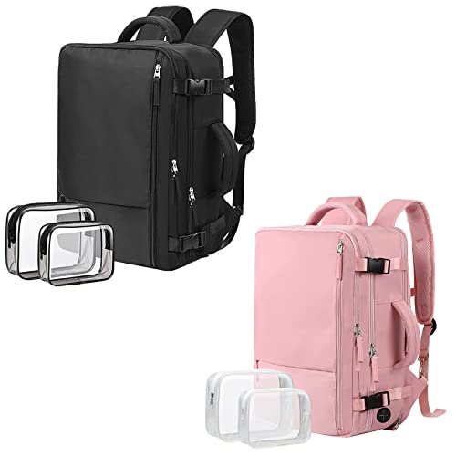 Extra Large Travel Backpack (2 Pieces Black & Pink) as Person Item Flight Approved, 40L Carry On Backpack, 17 Inch Laptop Backpack, Waterproof Backpack, Durable College School Bookbag, Hiking Backpack