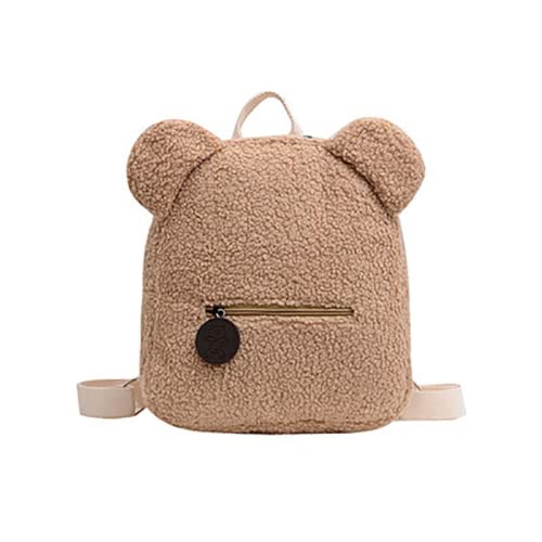 AONUOWE Mini Kawaii Bear Ear Backpack Teens Kids Faux Fur Schoolbag Teenager Student Aesthetic Furry Sherpa Fleece Daypack (Khaki)