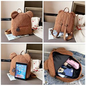 AONUOWE Mini Kawaii Bear Ear Backpack Teens Kids Faux Fur Schoolbag Teenager Student Aesthetic Furry Sherpa Fleece Daypack (Khaki)